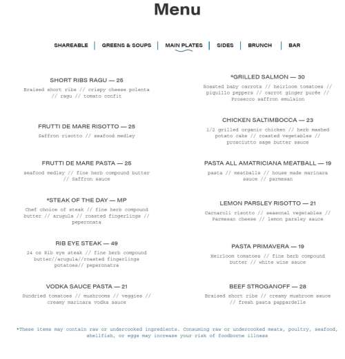 Lido menu in Tempe, Arizona, USA