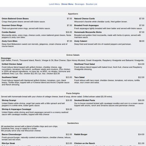 The Wildcat menu in Neillsville, Wisconsin, USA