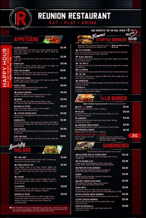 Reunion Restaurant menu in West Allis, Wisconsin, USA