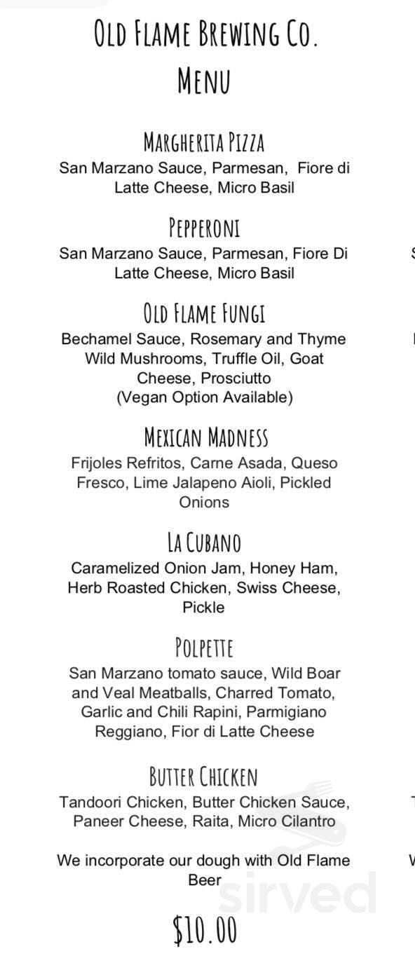 Old Flame Brewing Co. menu in Port Perry, Ontario, Canada