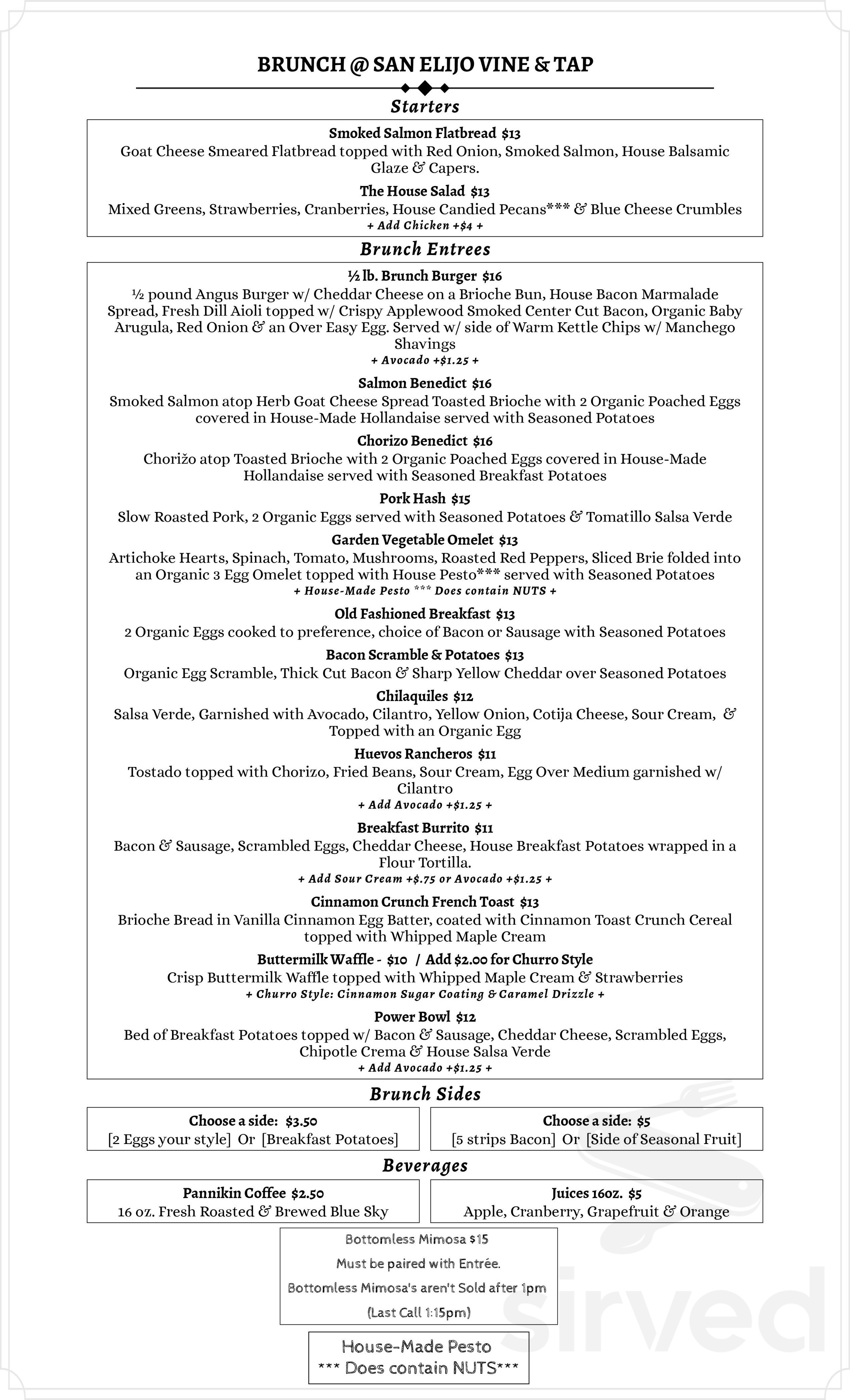 Menu - San Marcos CA's San Elijo Vine & Tap | Sirved