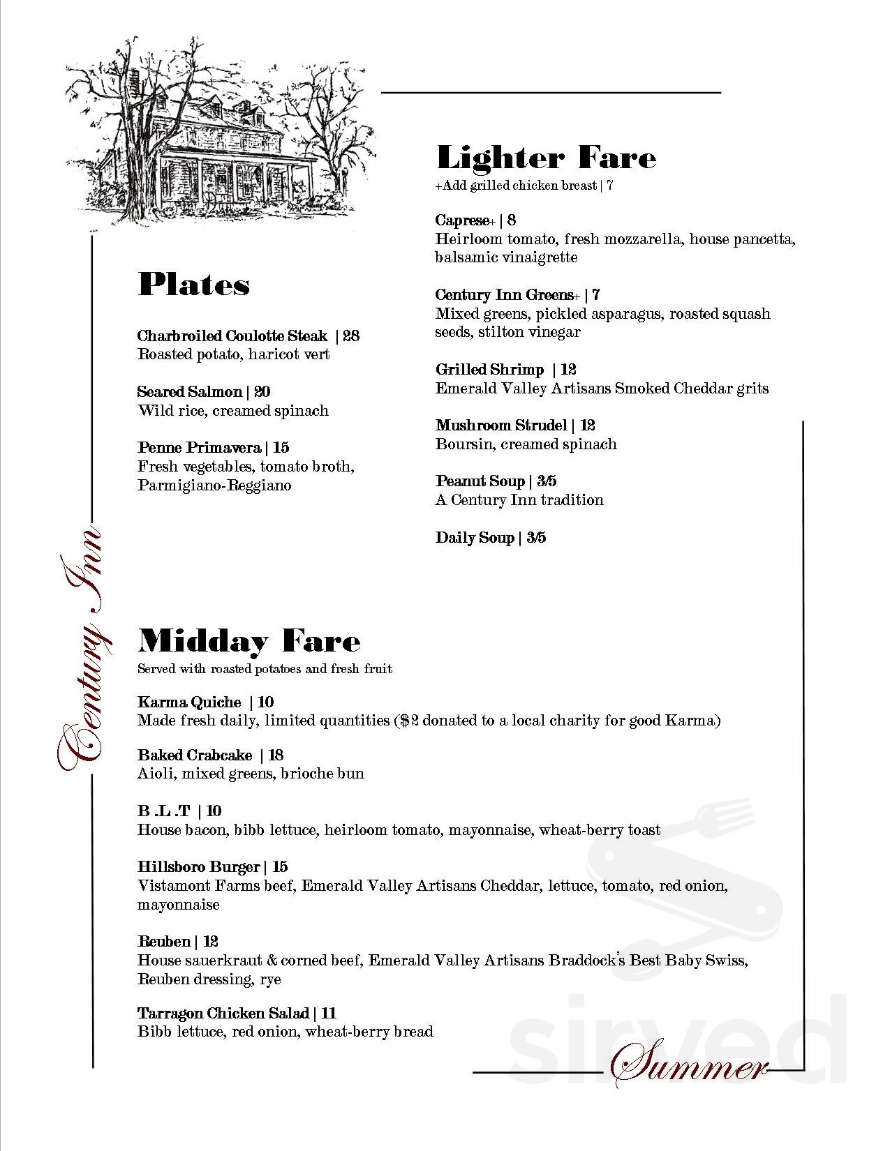 Century Inn menus in Scenery Hill, Pennsylvania, United States
