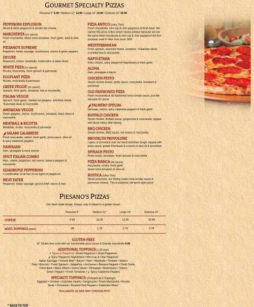 Piesanos Stone Fired Pizza menu in Gainesville, Florida, USA