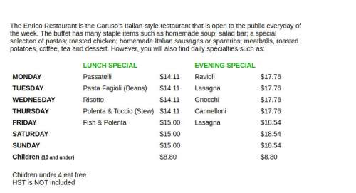 Caruso Club menu in Greater Sudbury, Ontario, Canada