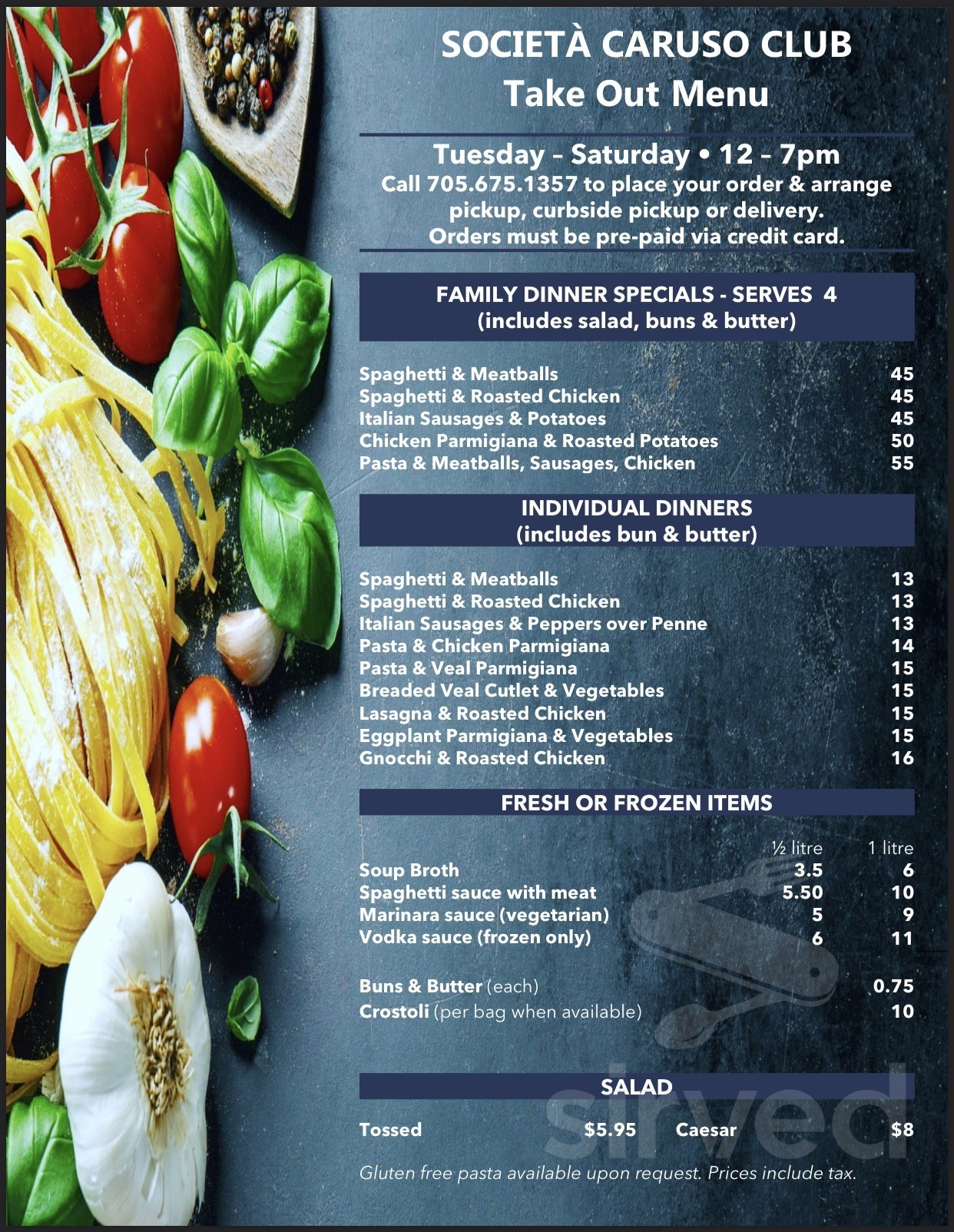 Caruso Club menu in Greater Sudbury, Ontario, Canada