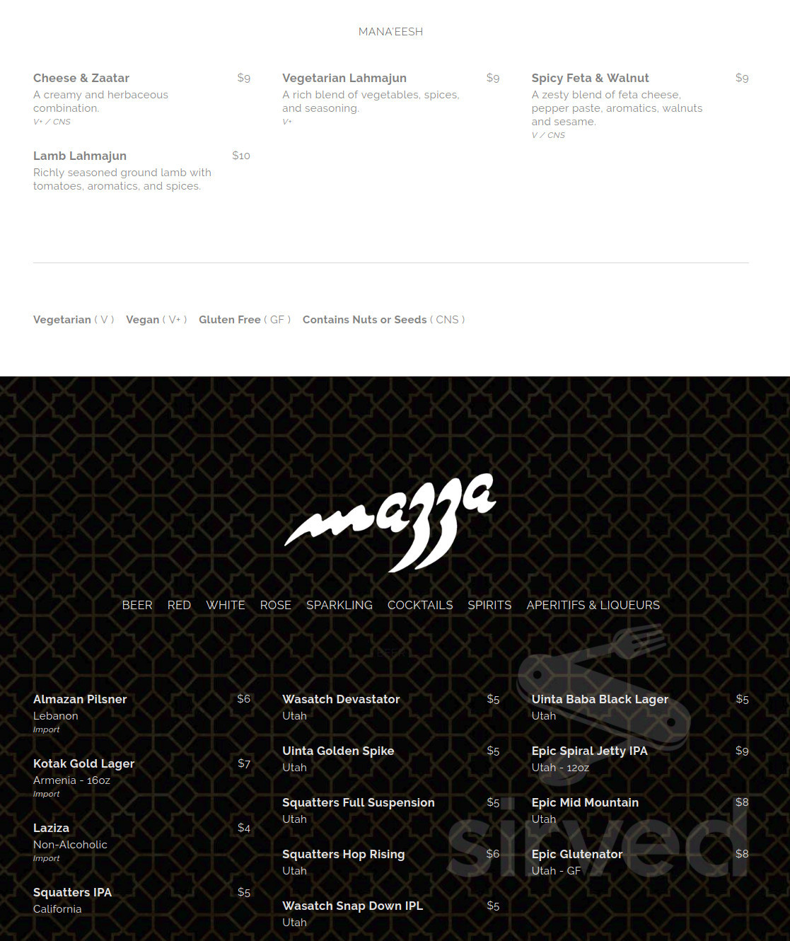 Mazza menus in Salt Lake City, Utah, United States