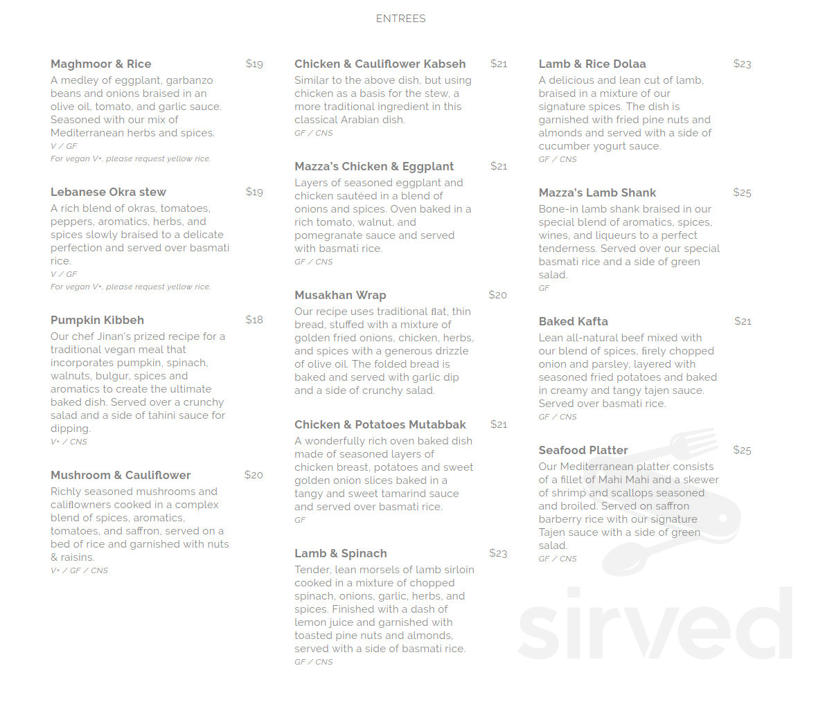 Mazza menus in Salt Lake City, Utah, United States