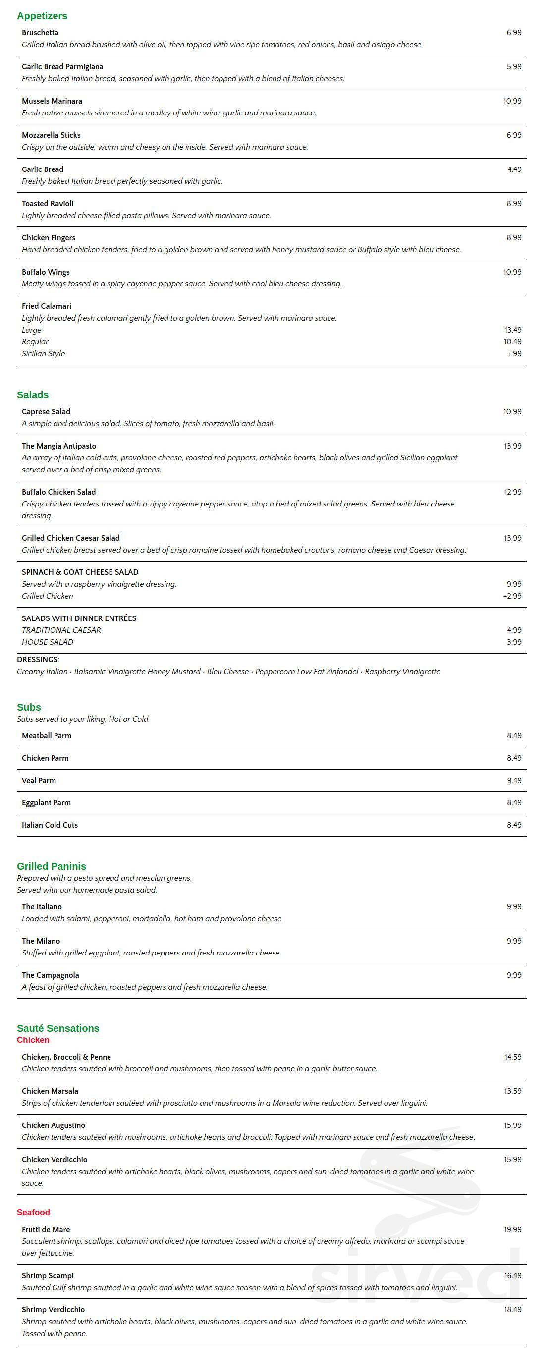 Mangia Mangia Italian Kitchen menu in Billerica, Massachusetts, USA