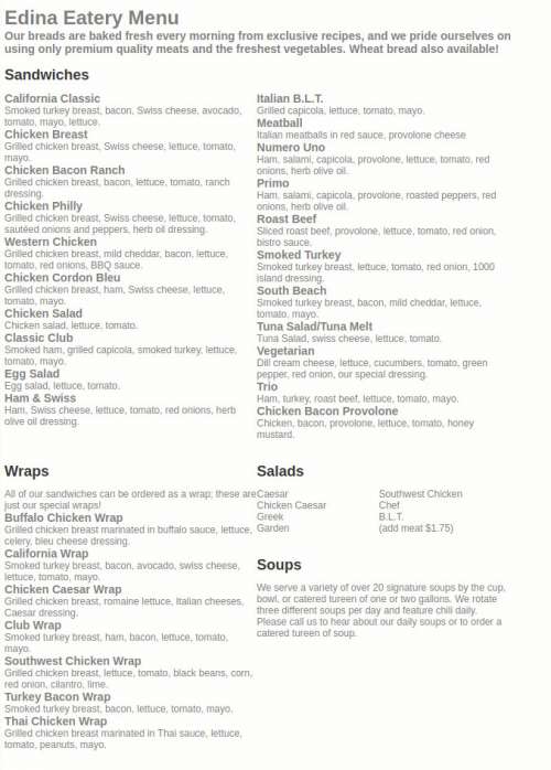 Edina Eatery menu in Edina, Minnesota, USA