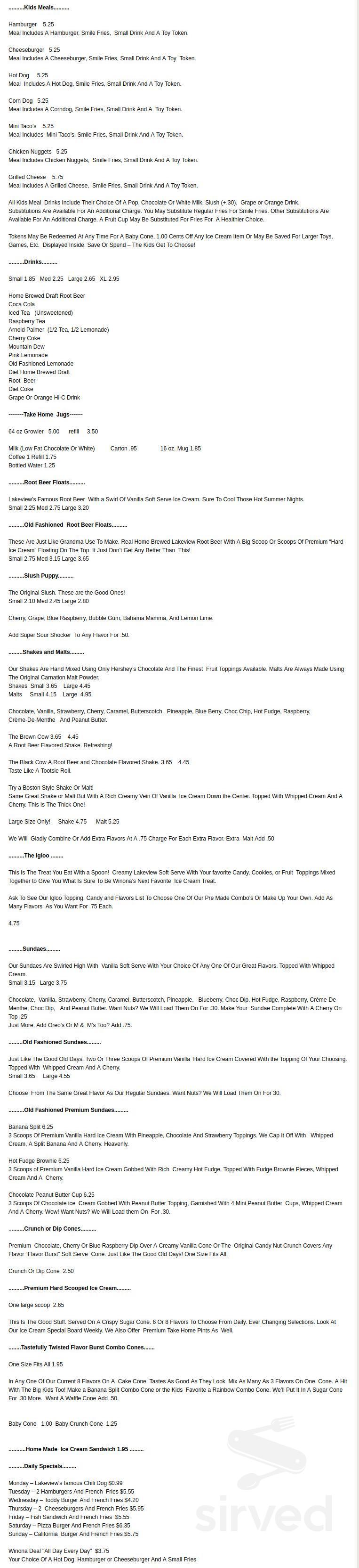 Lakeview Drive Inn menu in Winona, Minnesota, USA