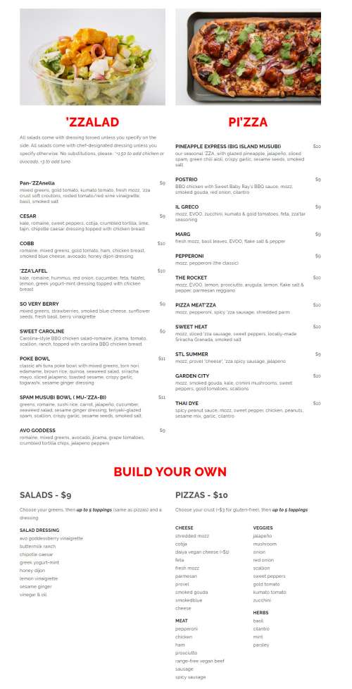 'ZZA Pizza + Salad menu in Bee Cave, Texas, USA