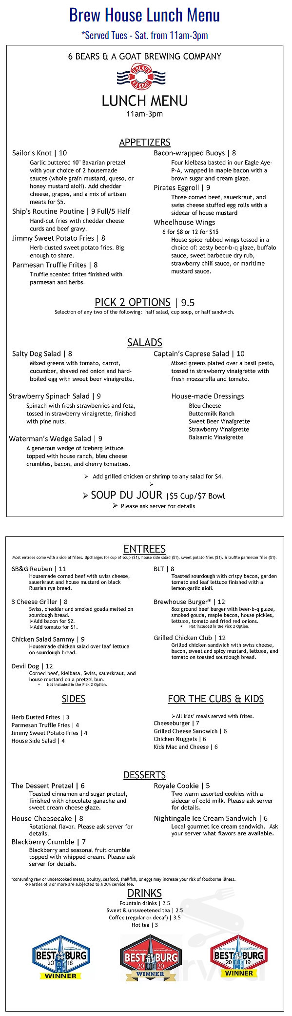 Menu - Fredericksburg VA's 6 Bears & A Goat Brewing Company | Sirved