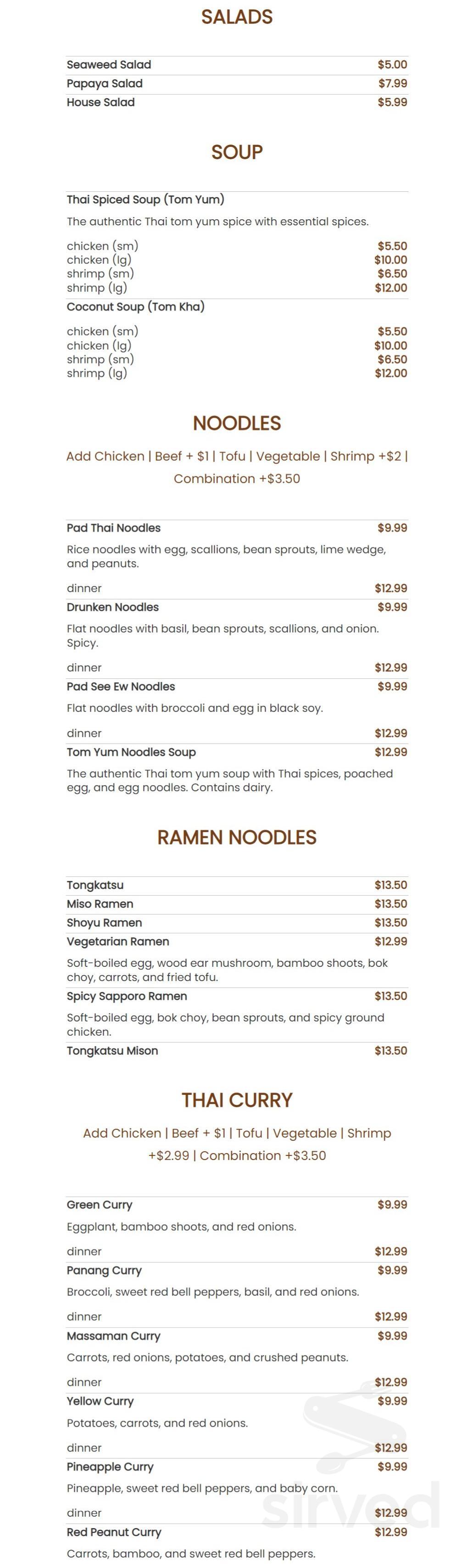 Nom Nom Thai menu in Colorado Springs, Colorado, USA