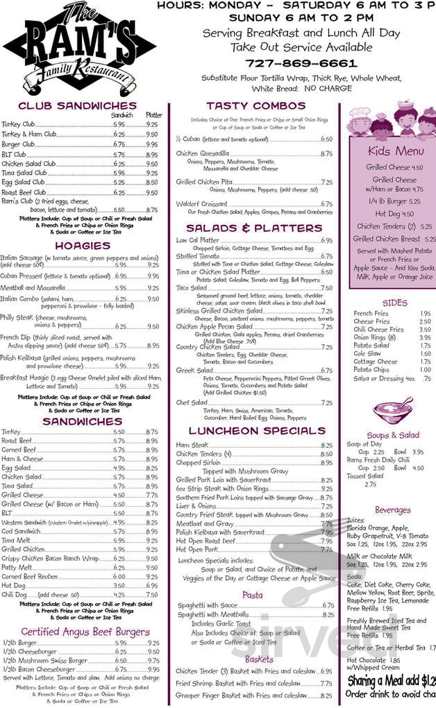 Ram's Family Restaurant menu in Hudson, Florida, USA