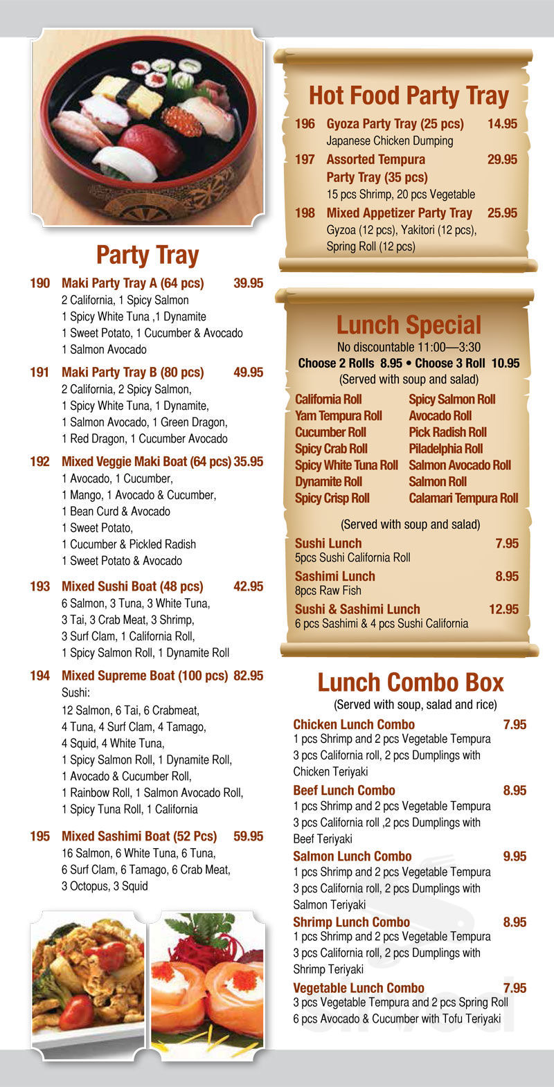 JT Sushi Restaurant menu in North Bay, Ontario, Canada