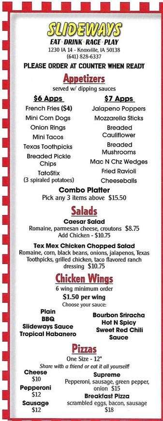 Slideways menu in Knoxville, Iowa, USA