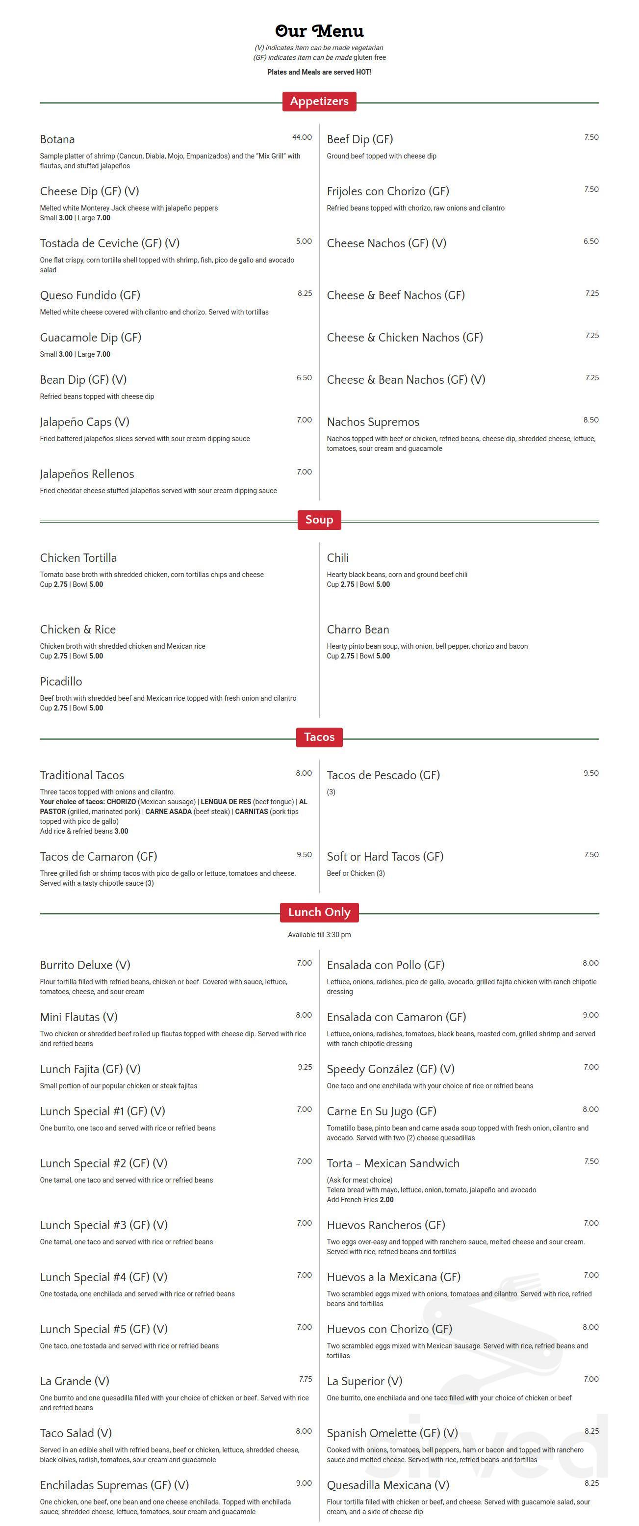 Menu for Tapatio's Restaurante Mexicano in Lakeland, FL | Sirved