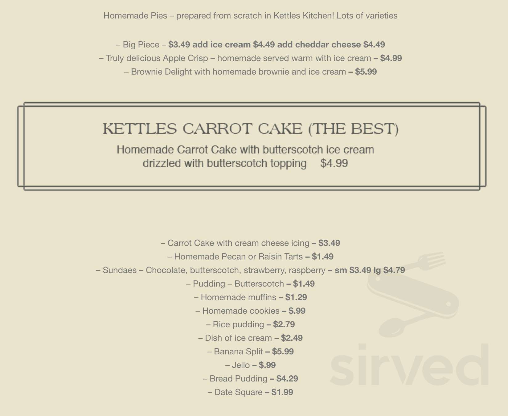 Kettles Back Home Cookin' Menu - Owen Sound, Ontario | Sirved
