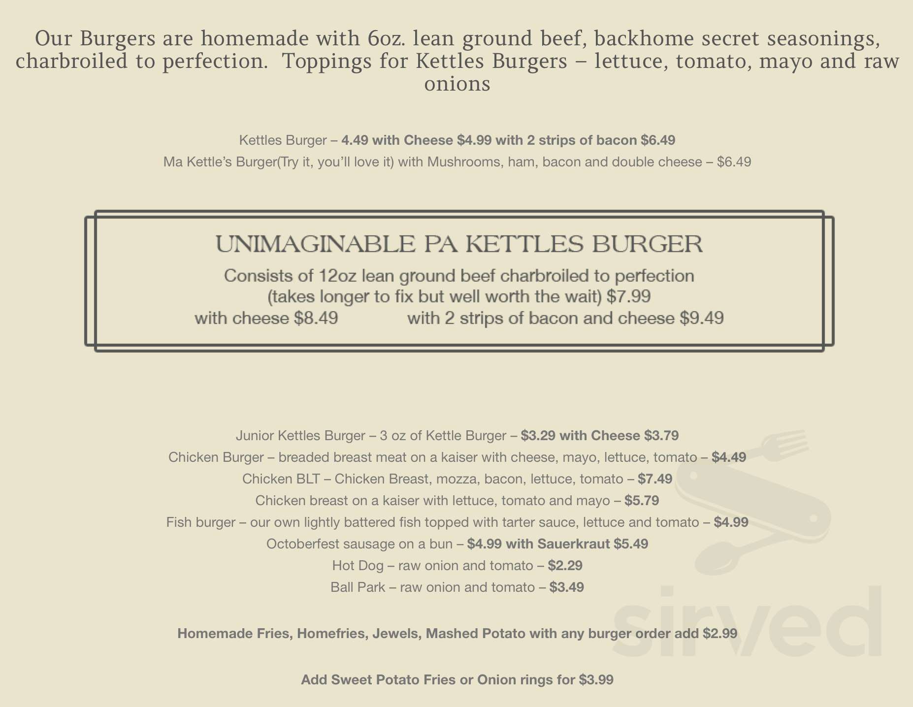 Menu for Kettles Back Home Cookin' in Owen Sound, ON | Sirved