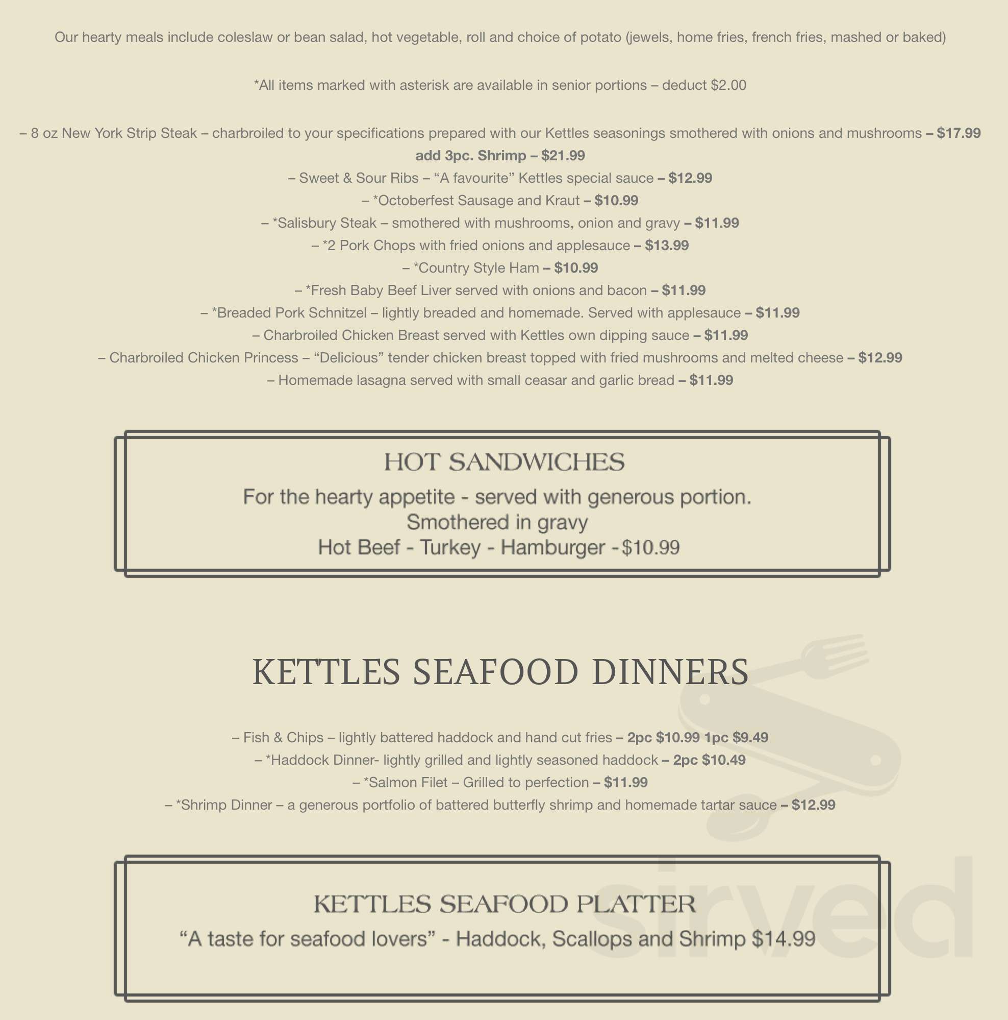 Kettles Back Home Cookin' menu in Owen Sound, Ontario, Canada