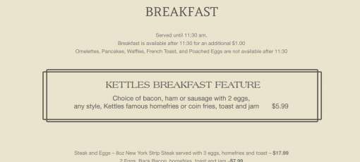 Kettles Back Home Cookin' Menu - Owen Sound, Ontario | Sirved
