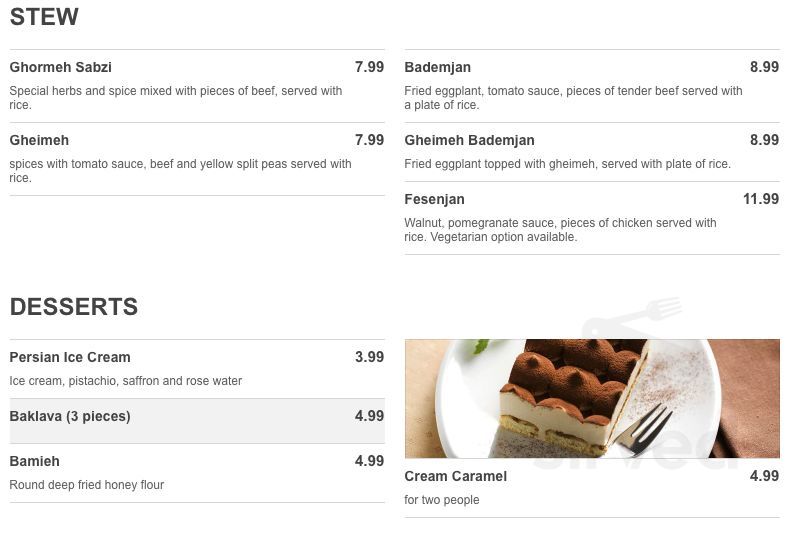 Cazba Restaurant menu in North Vancouver, British Columbia, Canada