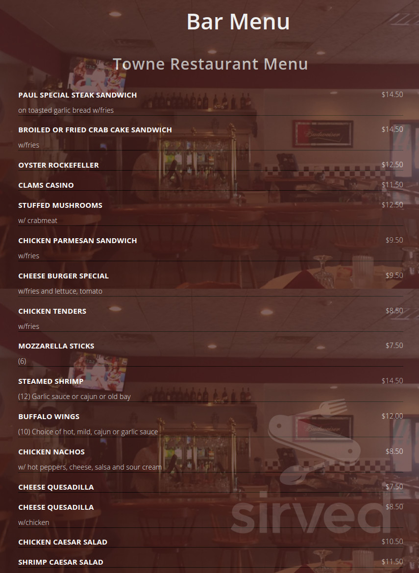 Menu for The Towne Restaurant in Bridgeton, NJ | Sirved