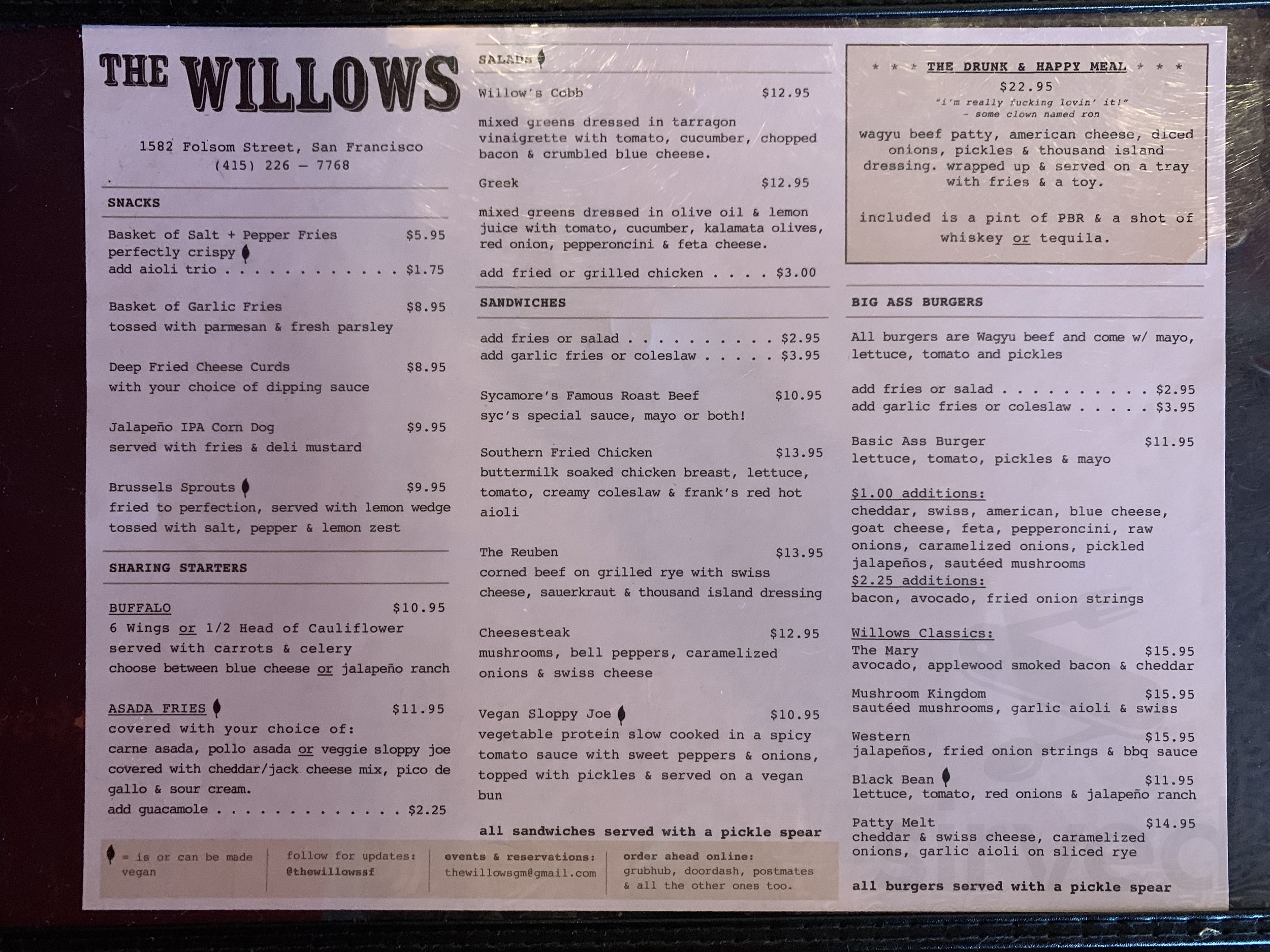 Menu for The Willows in San Francisco, CA | Sirved