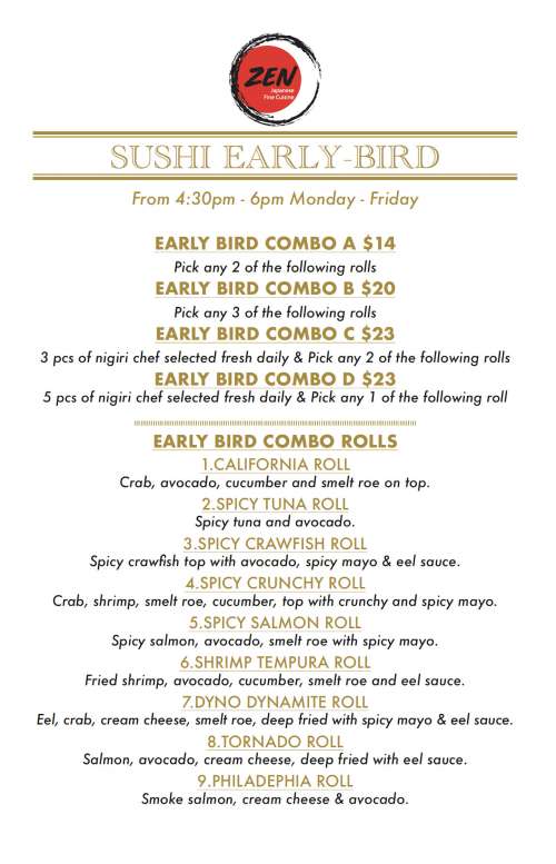 Zen Japanese fine cuisine menu in Germantown, Tennessee, USA