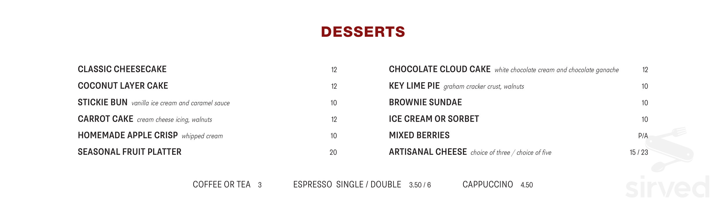 Hendrick's Tavern menu in Roslyn, New York, USA