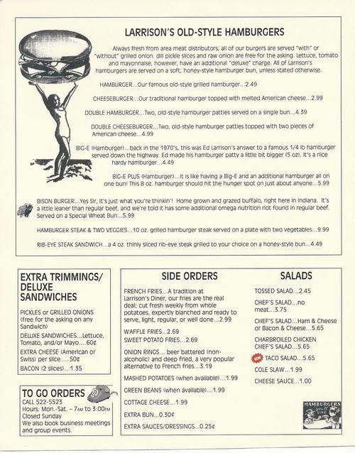 Larrison's Diner menu in Seymour, Indiana, USA