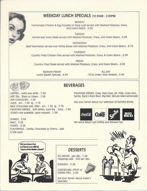 Larrison's Diner menu in Seymour, Indiana, USA