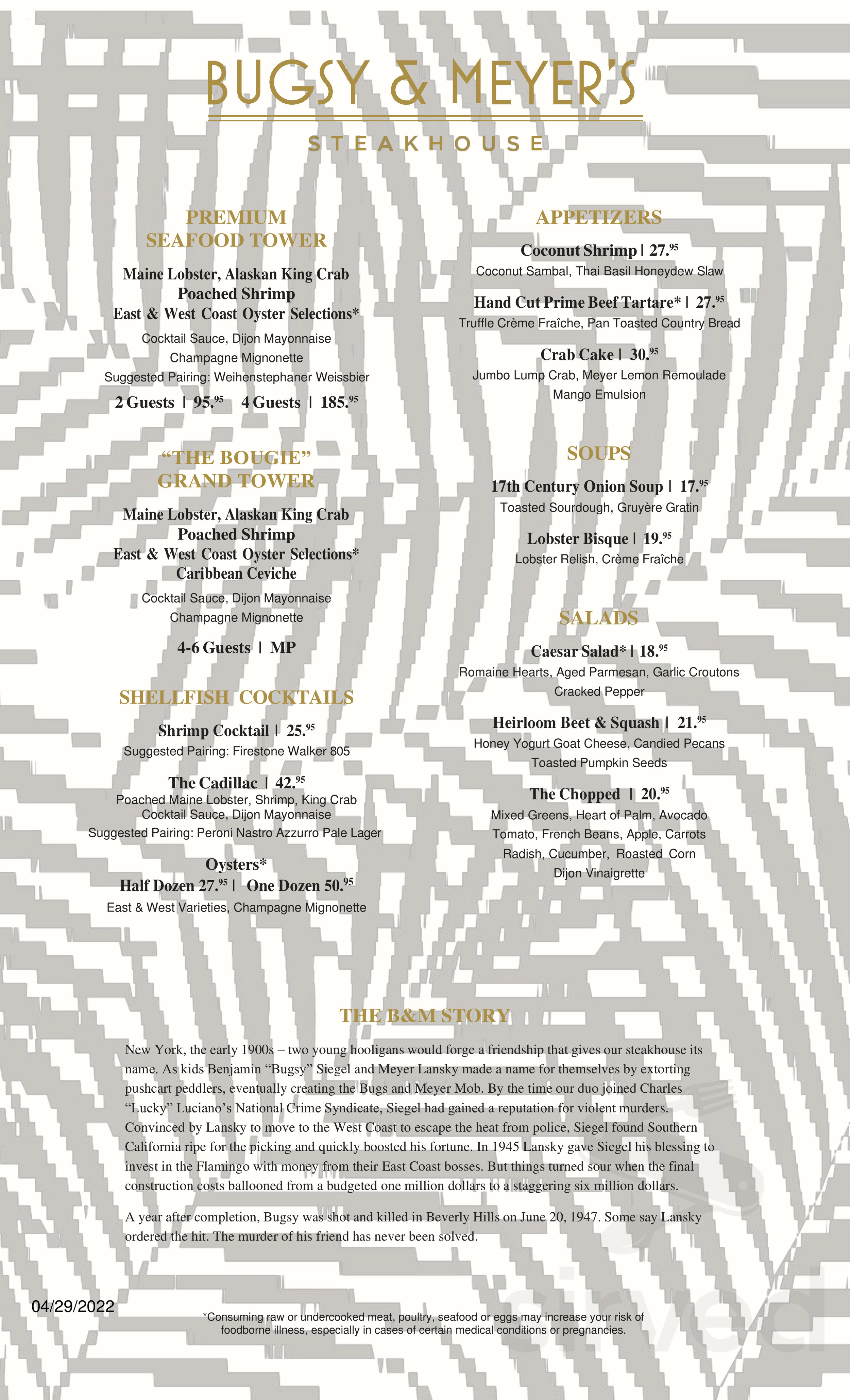 Bugsy & Meyer's Steakhouse menu in Las Vegas, Nevada, USA
