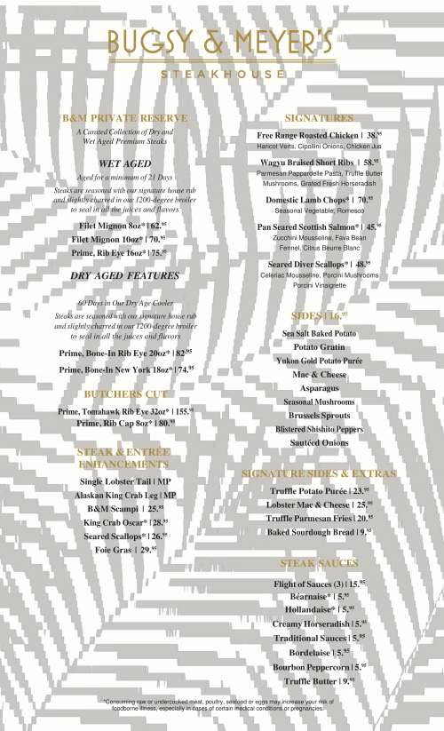 Bugsy & Meyer's Steakhouse menu in Las Vegas, Nevada, USA