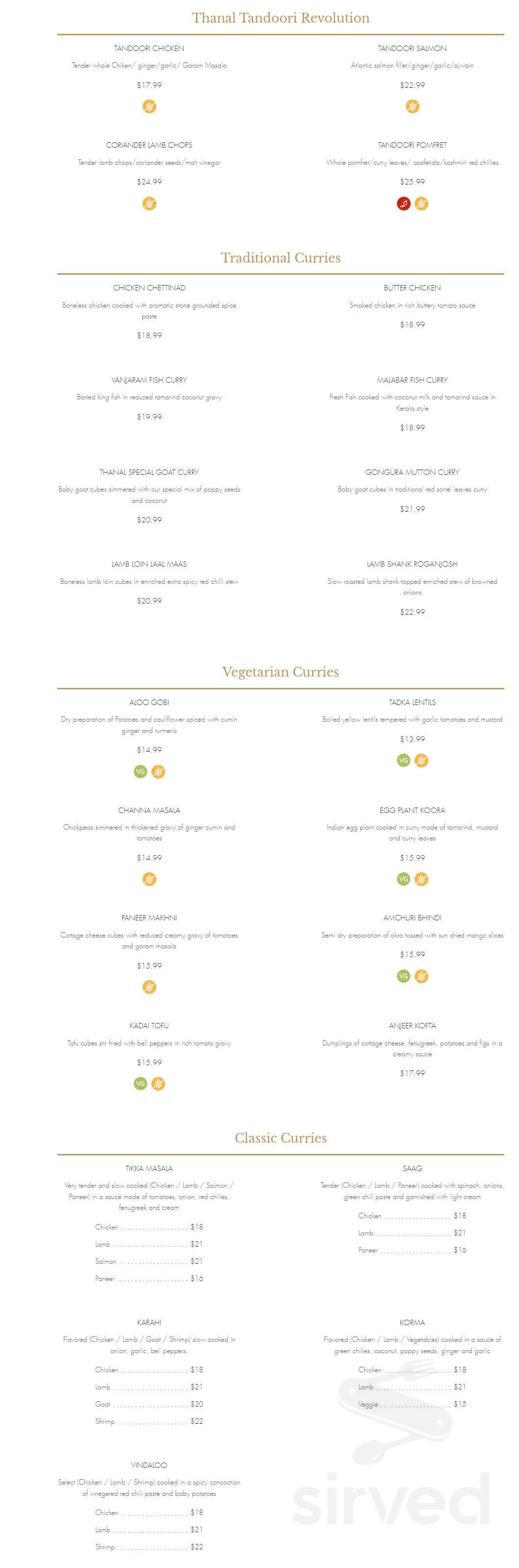 Thanal Indian Tavern menu in Philadelphia, Pennsylvania, USA