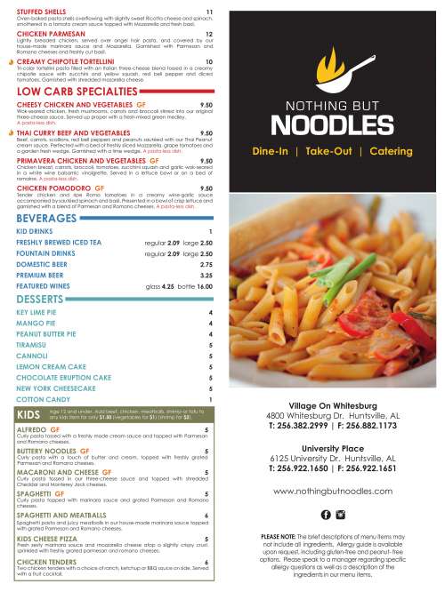 Nothing But Noodles menu in Huntsville, Alabama, USA