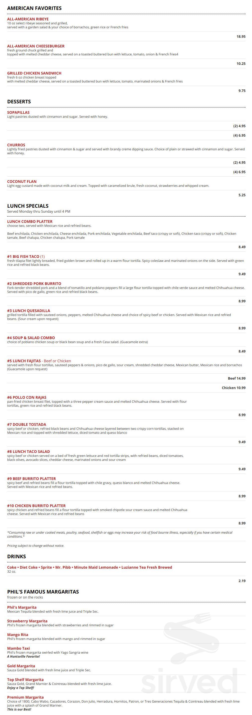 Phil Sandoval's Mexican Restaurante menu in Huntsville, Alabama, USA