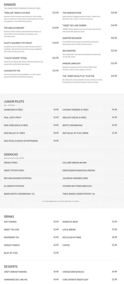 The Hangar American Grill menu in Milton, Florida, USA