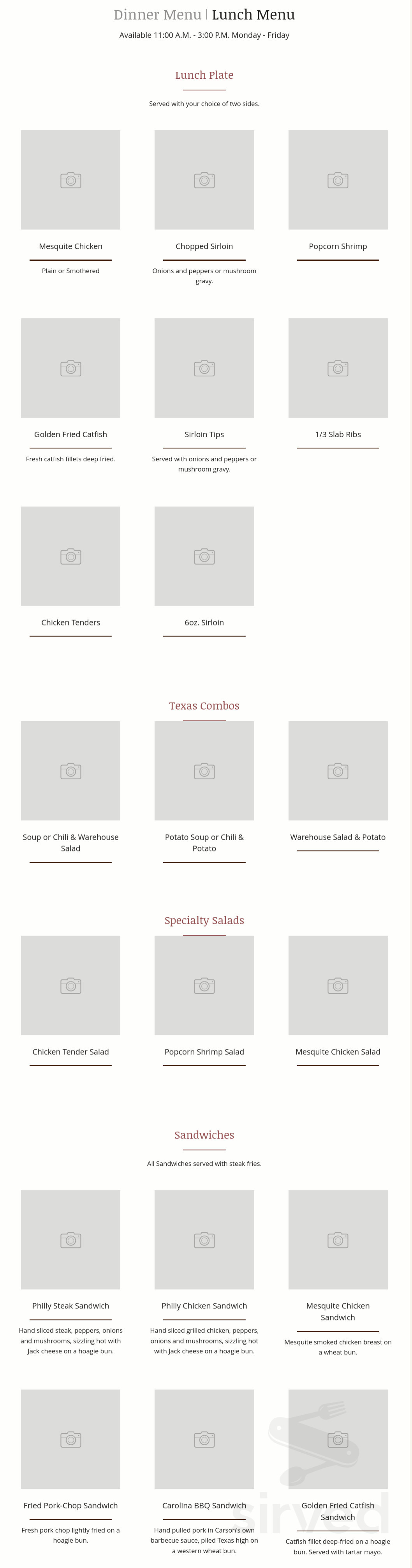 Carson's Steak Warehouse menu in Anderson, South Carolina, USA