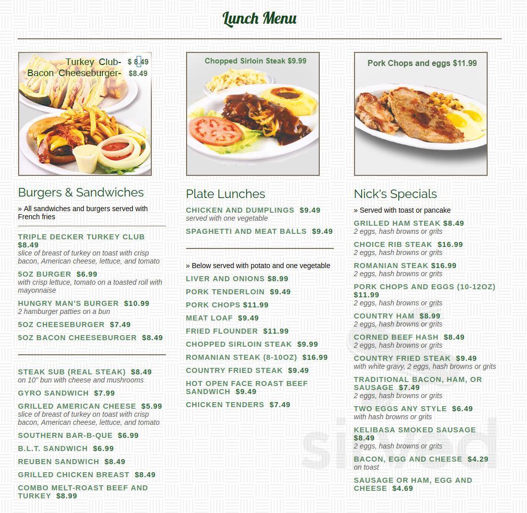 Menu for NICK'S DINER in Virginia Beach, VA | Sirved