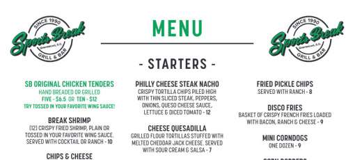 Sports Break Menu - Greenwood, South Carolina | Sirved