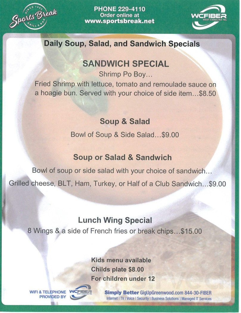 Sports Break menu in Greenwood, South Carolina, USA