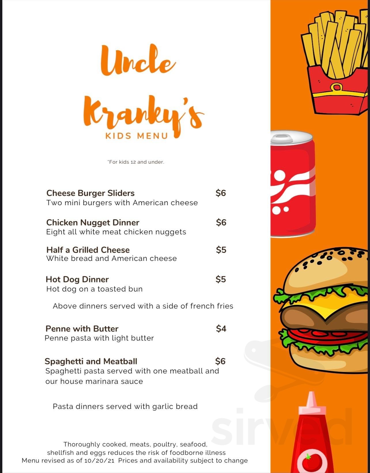 Menu for Uncle Kranky's Cafe in Jewett City, CT | Sirved