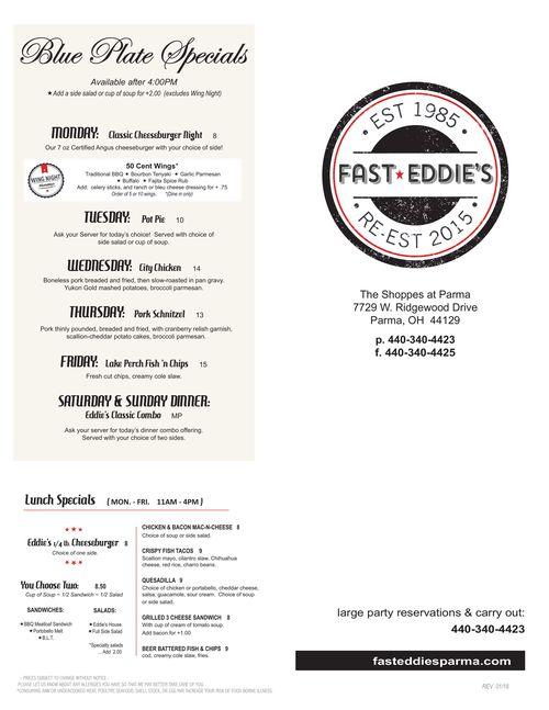Fast Eddie's menu in Parma, Ohio, USA