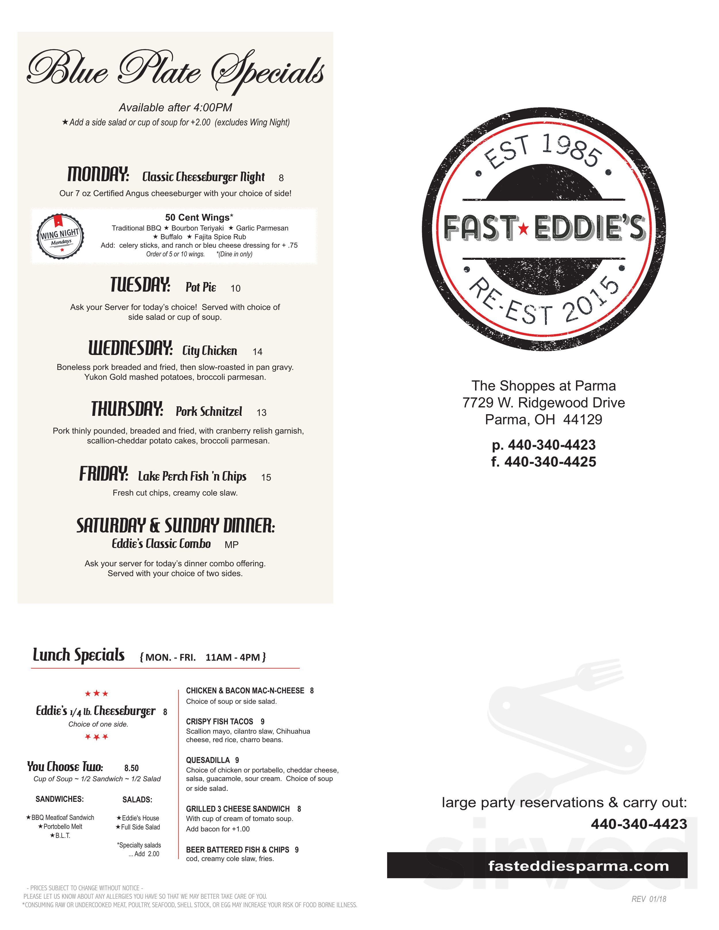 Fast Eddie's menu in Parma, Ohio, USA