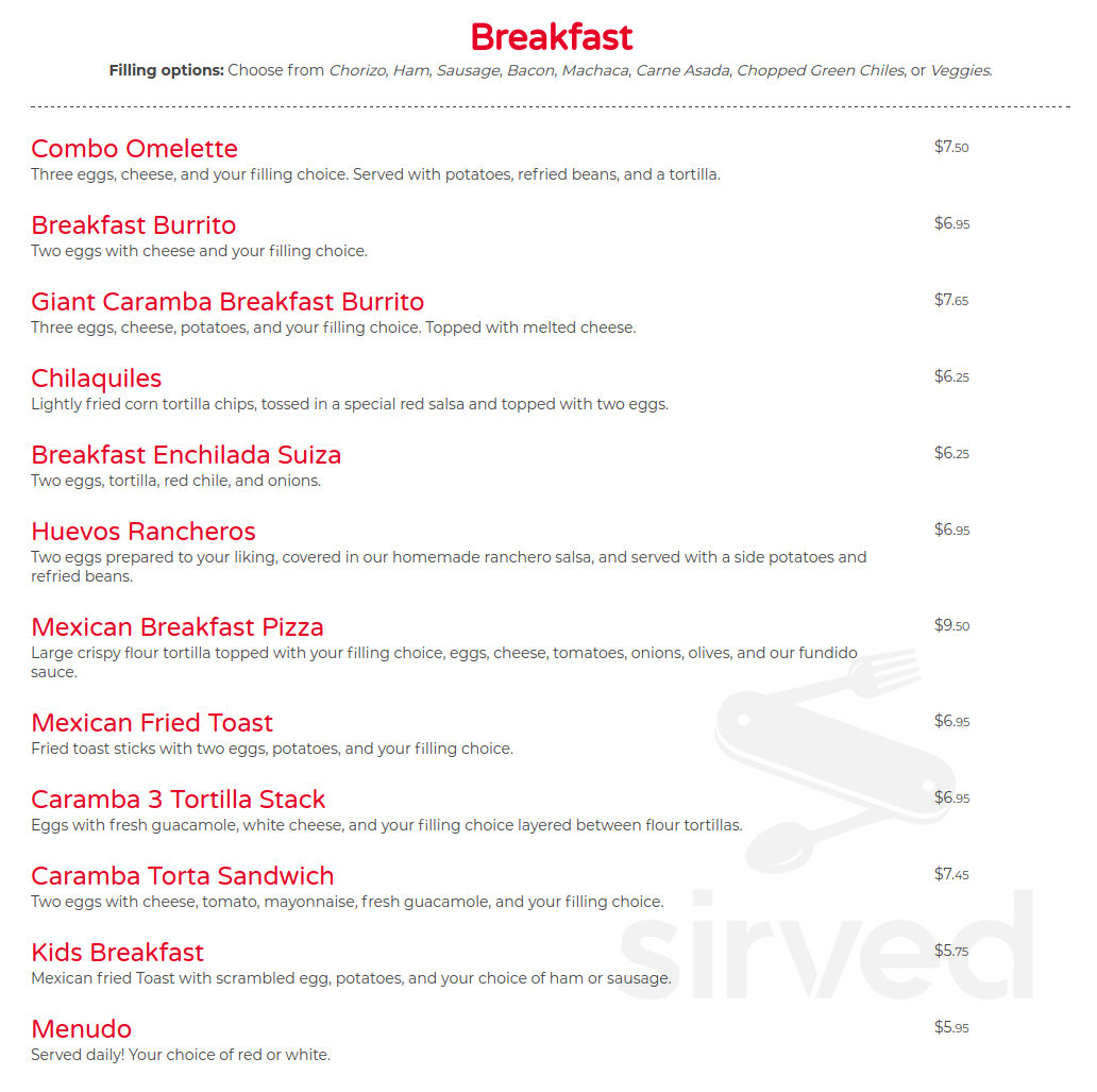 Menu - Glendale AZ's Caramba Mexican Food | Sirved
