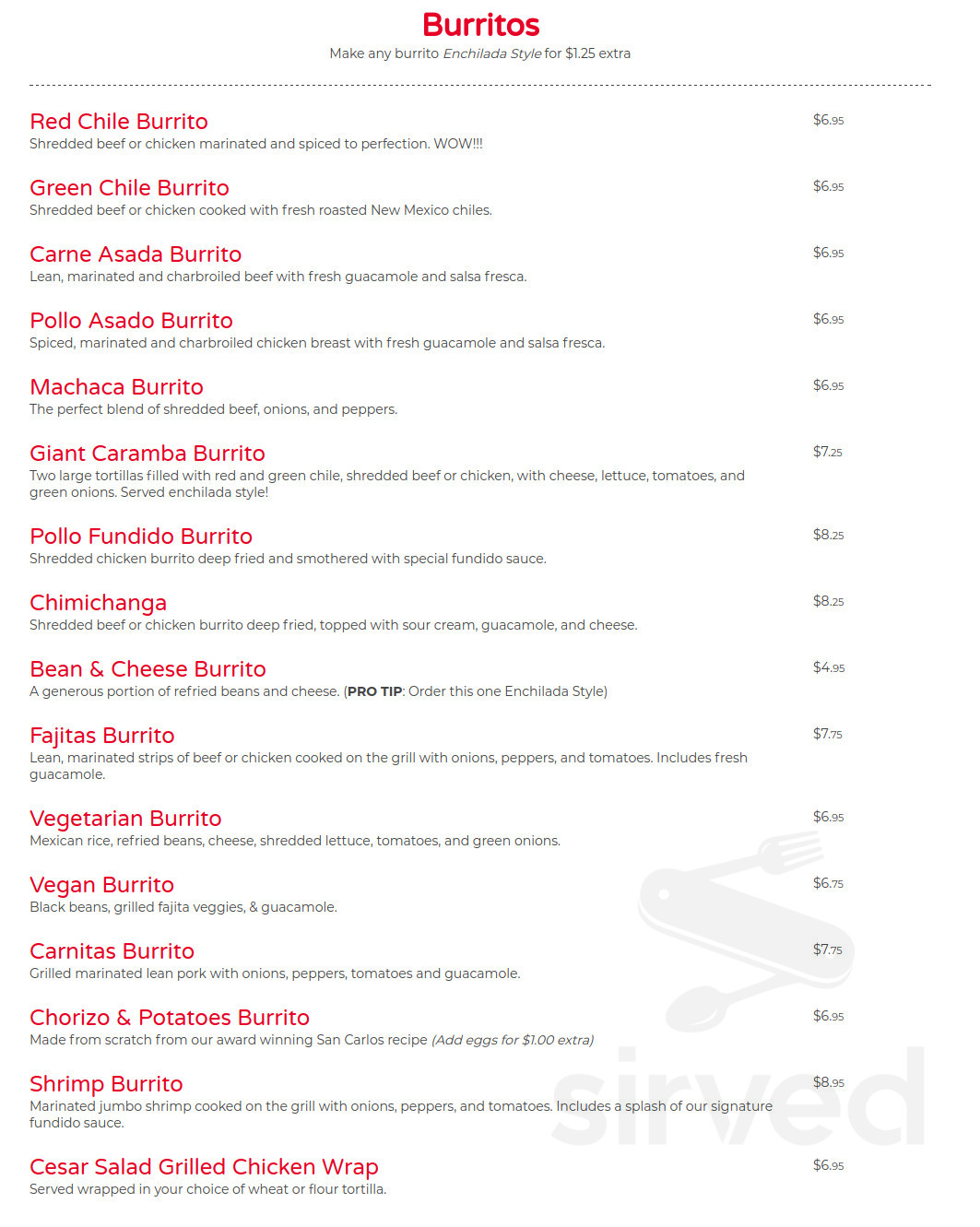Menu - Glendale AZ's Caramba Mexican Food | Sirved