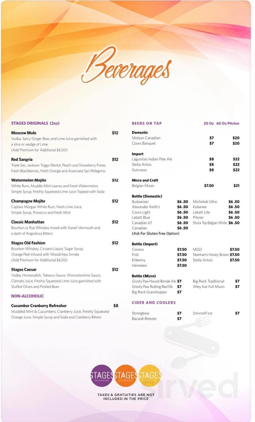 Stages Kitchen & Bar menu in Edmonton, Alberta, Canada