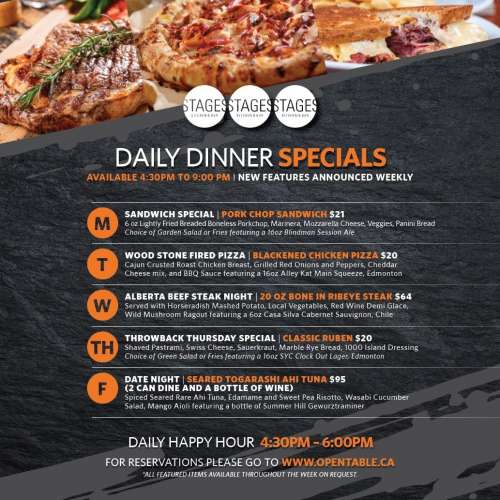 Stages Kitchen & Bar menu in Edmonton, Alberta, Canada