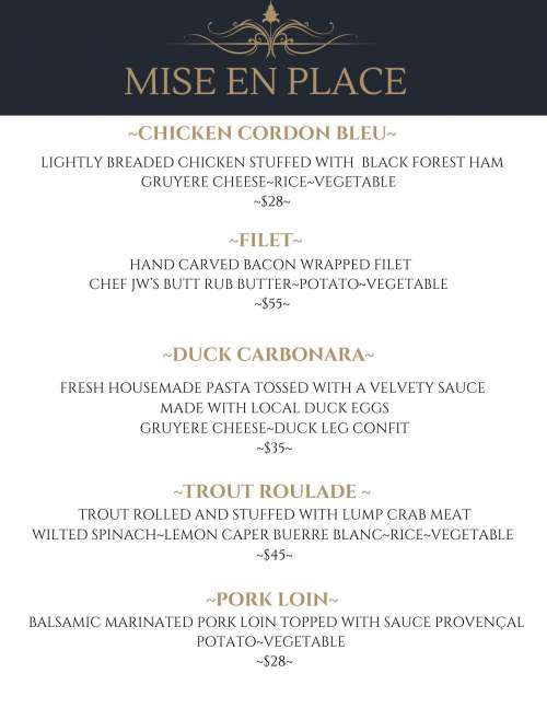 Mise En Place menu in Cumberland, Maryland, USA